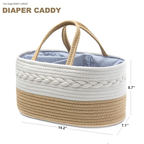 Yoe Gogh Baby Diaper Caddy Organizer, Rope Woven Nursery Storage Basket with Adjustable Divider, Portable Car Travel Diapers Organizer, Large Capacity Caddies (Khaki)