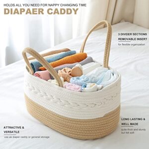 Yoe Gogh Baby Diaper Caddy Organizer, Rope Woven Nursery Storage Basket with Adjustable Divider, Portable Car Travel Diapers Organizer, Large Capacity Caddies (Khaki)