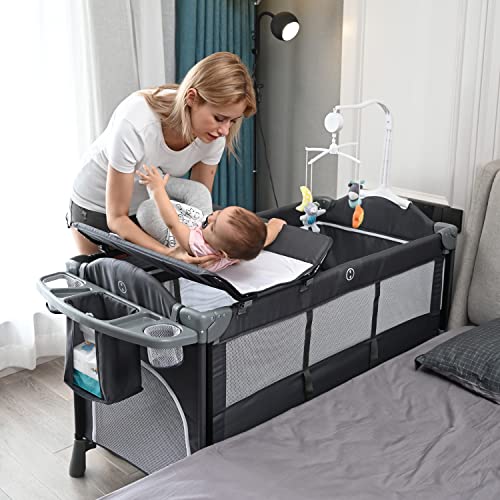 AIEGLE Baby Bassinet Bedside Sleeper, 5-in-1 Full-Size Infant Bassinet Bed Side Crib with Comfy Mattress & Hanging Toys, Portable Travel Crib with Wheels for Baby Infant Newborn, in Dark Grey