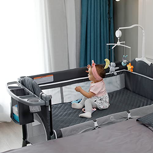 AIEGLE Baby Bassinet Bedside Sleeper, 5-in-1 Full-Size Infant Bassinet Bed Side Crib with Comfy Mattress & Hanging Toys, Portable Travel Crib with Wheels for Baby Infant Newborn, in Dark Grey