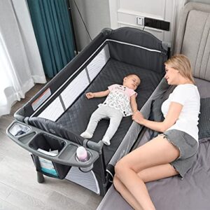 AIEGLE Baby Bassinet Bedside Sleeper, 5-in-1 Full-Size Infant Bassinet Bed Side Crib with Comfy Mattress & Hanging Toys, Portable Travel Crib with Wheels for Baby Infant Newborn, in Dark Grey