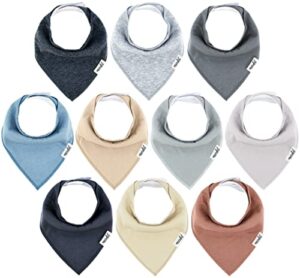 meerdif 100% organic cotton neutral solid 10-pack baby drool bandana bibs for boys and girls, unisex plain colors for teething and drooling.