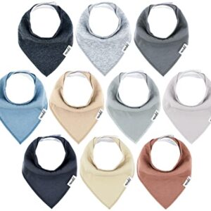 Meerdif 100% Organic Cotton Neutral Solid 10-Pack Baby Drool Bandana Bibs for Boys and Girls, Unisex Plain Colors for Teething and Drooling.