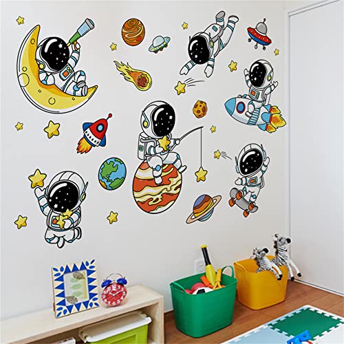 WAFT YEARN Lovely Astronauts and Planet Wall Decals Universe and Stars Wall Sticker Space Art Wall Clings Removable Vinyl Stickers For Nursery Boy's Girl's Bedroom Kid’s Room School Living Room Bedroom TV Sofa Background Decoration Murals