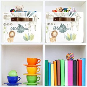 Jungle Safari Animals Personalized Storage Basket ,Custom Storage Bins Cubes Organizer with Handle for Bedroom Wardrobe Nursery Basket 1 Pack