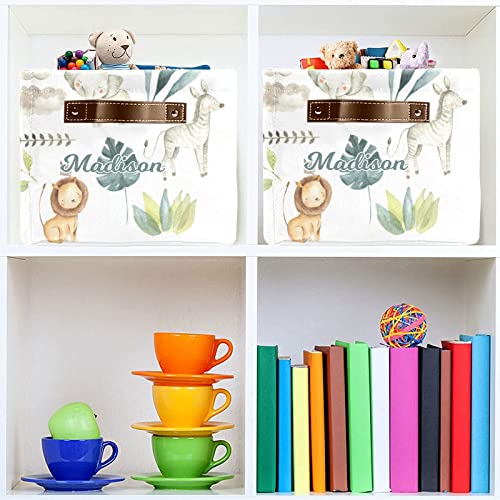 Jungle Safari Animals Personalized Storage Basket ,Custom Storage Bins Cubes Organizer with Handle for Bedroom Wardrobe Nursery Basket 1 Pack