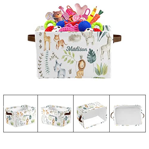 Jungle Safari Animals Personalized Storage Basket ,Custom Storage Bins Cubes Organizer with Handle for Bedroom Wardrobe Nursery Basket 1 Pack