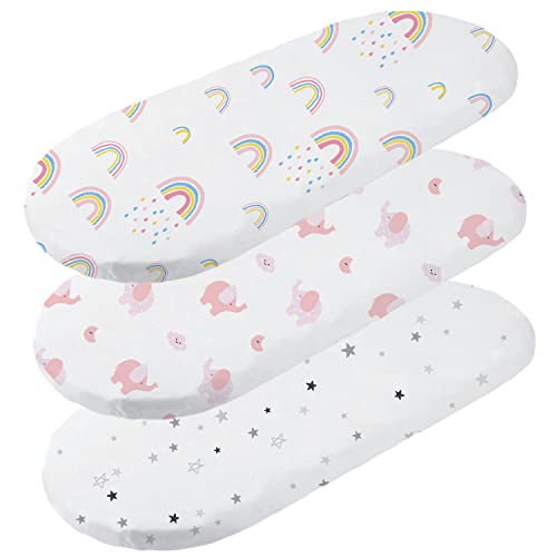 Plushii Bassinet Sheets for Baby Girls 3 Pack, 32"x 16" Extra Soft Microfiber Bassinet Sheet Universal for Oval Rectangle and Hourglass Bassinet Mattress, Rainbow & Pink Elephant & Stars