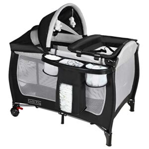 kinder king 4 in 1 portable pack n play, baby nursery center playard w/bassinet, large playpen for infant and toddler, newborn changing table, adjustable canopy, storage basket, travel bag, black