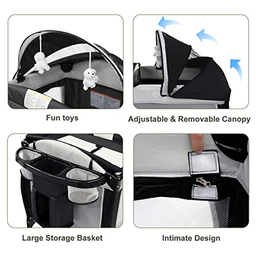 Kinder King 4 in 1 Portable Pack n Play, Baby Nursery Center Playard w/Bassinet, Large Playpen for Infant and Toddler, Newborn Changing Table, Adjustable Canopy, Storage Basket, Travel Bag, Black