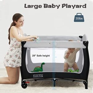 Kinder King 4 in 1 Portable Pack n Play, Baby Nursery Center Playard w/Bassinet, Large Playpen for Infant and Toddler, Newborn Changing Table, Adjustable Canopy, Storage Basket, Travel Bag, Black