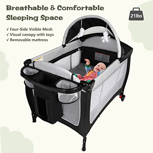 Kinder King 4 in 1 Portable Pack n Play, Baby Nursery Center Playard w/Bassinet, Large Playpen for Infant and Toddler, Newborn Changing Table, Adjustable Canopy, Storage Basket, Travel Bag, Black