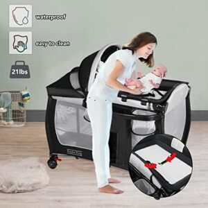 Kinder King 4 in 1 Portable Pack n Play, Baby Nursery Center Playard w/Bassinet, Large Playpen for Infant and Toddler, Newborn Changing Table, Adjustable Canopy, Storage Basket, Travel Bag, Black