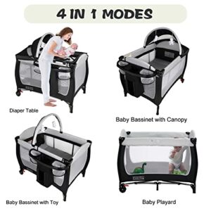 Kinder King 4 in 1 Portable Pack n Play, Baby Nursery Center Playard w/Bassinet, Large Playpen for Infant and Toddler, Newborn Changing Table, Adjustable Canopy, Storage Basket, Travel Bag, Black