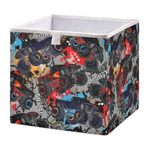 ollabaky monster truck car cube storage bin fabric foldable storage cube basket cloth organizer box with handle for closet shelves, nursery storage toy bin, s