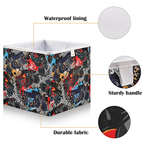 Ollabaky Monster Truck Car Cube Storage Bin Fabric Foldable Storage Cube Basket Cloth Organizer Box with Handle for Closet Shelves, Nursery Storage Toy Bin, S