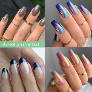 2 Jars Solid Pearl Aurora Nail Powder Nails Glitter Blue Green Unicorn Chrome Pigment Mermaid Neon Laser Ice Powder Holographic Magic Manicure Fairy Dust Nail Art Decoration with 2 Eyeshadow Sticks