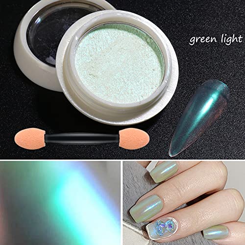 2 Jars Solid Pearl Aurora Nail Powder Nails Glitter Blue Green Unicorn Chrome Pigment Mermaid Neon Laser Ice Powder Holographic Magic Manicure Fairy Dust Nail Art Decoration with 2 Eyeshadow Sticks