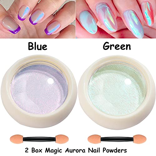 2 Jars Solid Pearl Aurora Nail Powder Nails Glitter Blue Green Unicorn Chrome Pigment Mermaid Neon Laser Ice Powder Holographic Magic Manicure Fairy Dust Nail Art Decoration with 2 Eyeshadow Sticks