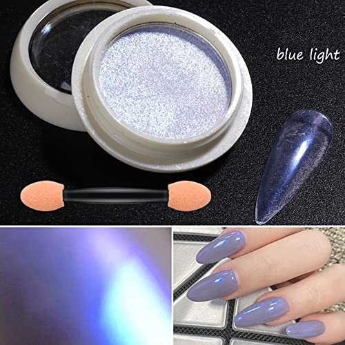 2 Jars Solid Pearl Aurora Nail Powder Nails Glitter Blue Green Unicorn Chrome Pigment Mermaid Neon Laser Ice Powder Holographic Magic Manicure Fairy Dust Nail Art Decoration with 2 Eyeshadow Sticks