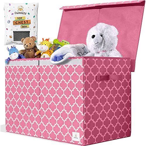 DaWikity Kids Toy Chest - Collapsible Toy Bin for Nursery, Bedroom, Living Room & Playroom Organization and Storage - Toy Box with Lid, Hook-and-Loop Fastener, Spacious Compartment - 25x16x13, Pink