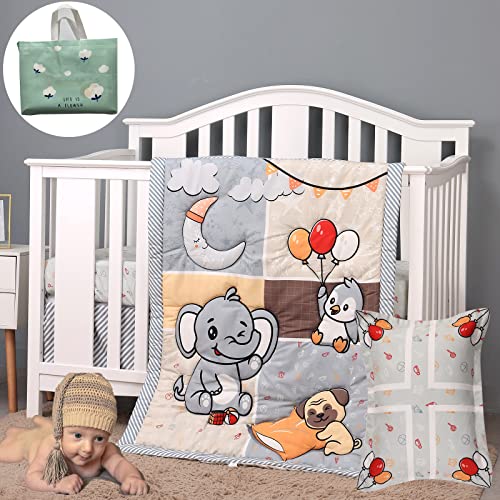 Geapul 4 Piece Boho Breathable Soft Crib Bedding Set for Boys,Jungle Animals Nursery Bedding Set,Crib Quilt,Pillowcase,Crib Skirt,Crib Sheet (Party Time,4-Pcs)