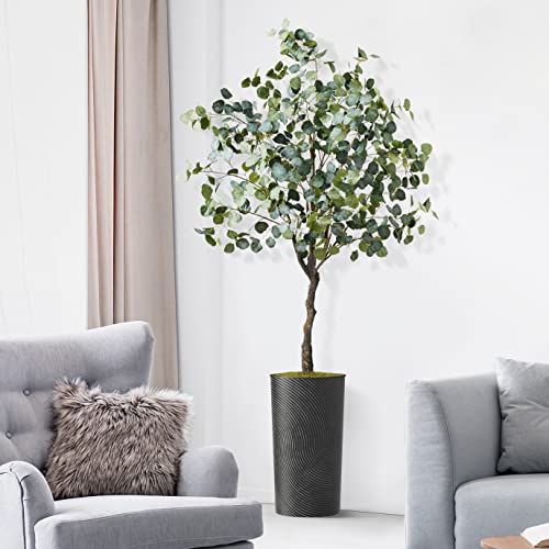 Artificial Tree in Geometric Spiral Pattern Planter, Fake Eucalyptus Silk Tree for Indoor and Outdoor Home Decoration - 66" Overall Tall (Plant Pot Plus Tree)