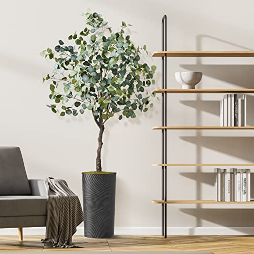 Artificial Tree in Geometric Spiral Pattern Planter, Fake Eucalyptus Silk Tree for Indoor and Outdoor Home Decoration - 66" Overall Tall (Plant Pot Plus Tree)