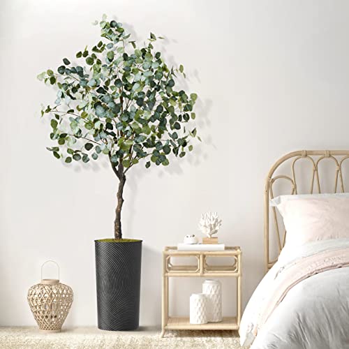 Artificial Tree in Geometric Spiral Pattern Planter, Fake Eucalyptus Silk Tree for Indoor and Outdoor Home Decoration - 66" Overall Tall (Plant Pot Plus Tree)