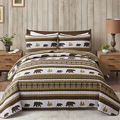 Lodge Bedspread Quilt Set King Size, Cabin 3 Pieces Brown Rustic Buffalo Plaid Bedding Set Reversible Bedspread Coverlet Bed Set for All Season(1 Quilt, 2 Pillow Shams)