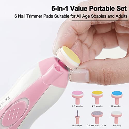 Baby Nail Trimmer Electric, Low Noise Newborn Safe Nail Clipper Kit with Light and Replaceable 6 Grinding Heads, Hand-Holding Care Polish and Trim for Infant Toddler Adults Toes Fingernails, Pink