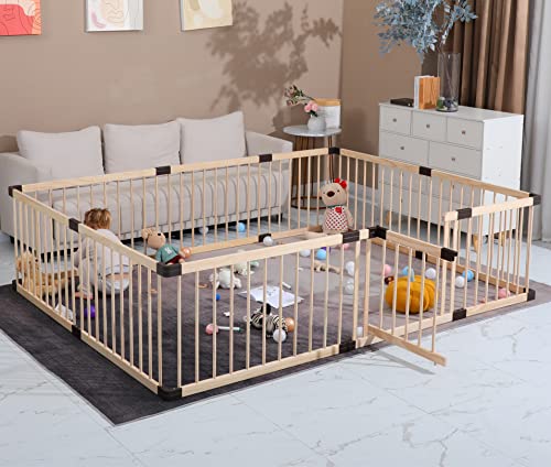 Conabay Large Baby Playpen Play Pen Fence Gate,Baby Safety Wooden Guard Fence Play Area with Door,Baby Kids Barrier Fencing,Baby Birthday Gift (180x240CM)