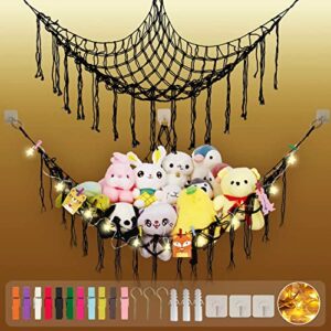 stuffed animal net or hammock with led light, hanging stuffed animals storage hammock, boho macrame toy hammock holder with hooks, corner plush toys net organizer for bedroom nursery kids(black)