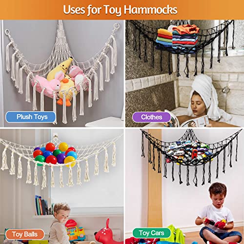 Stuffed Animal Net or Hammock with LED Light, Hanging Stuffed Animals Storage Hammock, Boho Macrame Toy Hammock Holder with Hooks, Corner Plush Toys Net Organizer for Bedroom Nursery Kids(Black)