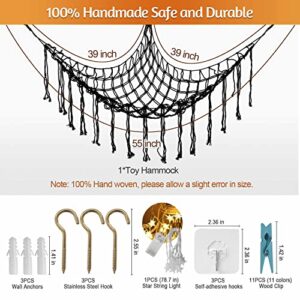 Stuffed Animal Net or Hammock with LED Light, Hanging Stuffed Animals Storage Hammock, Boho Macrame Toy Hammock Holder with Hooks, Corner Plush Toys Net Organizer for Bedroom Nursery Kids(Black)