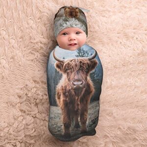 Highland Baby Stuff Highland Cow Swaddle Blanket with Hat Set Swaddles Up New Born Soft Transition Receiving Blanket Sleep Sacks for Baby Infant Boys Girls