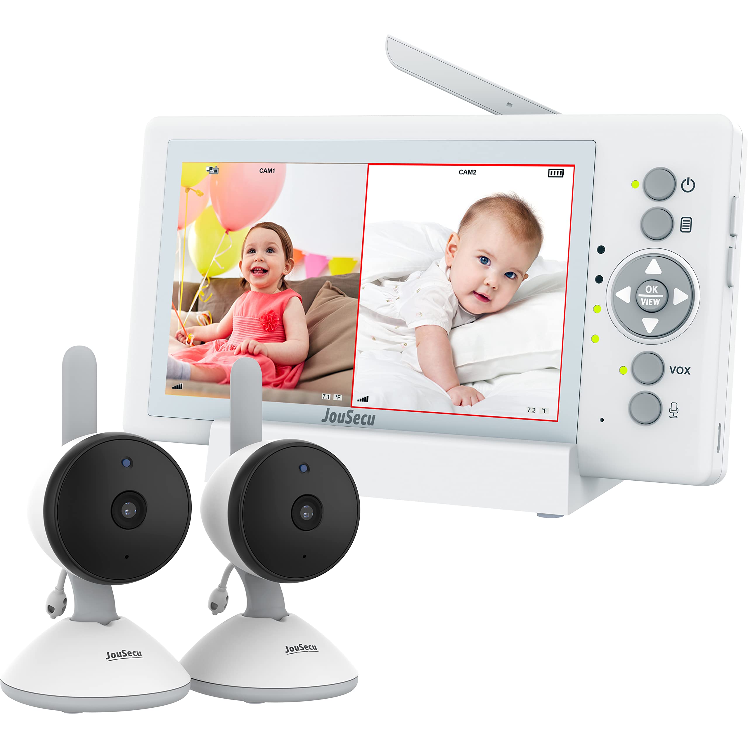 JouSecu Baby Monitor with 2 Cameras, Video Baby Monitor with Camera and Audio No WiFi, 5 inch Split Screen with 20Hour Long Battery Life 1000ft Range, Night Vision, 2-Way Talk