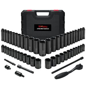 behappy 1/4" drive socket wrench set, 54pcs ratchet socket set, impact socket set with 72-tooth ratchet, adaptor, cr-v, metric(4-15mm) & sae(3/16"-9/16"), deep/standard, extension bar, universal joint