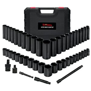 behappy 3/8" impact socket set, 49pcs socket set, drive impact socket set includes metric (8-22mm) and sae socket set (5/16"-3/4"), deep/standard, cr-v, 6 point,extension bars,universal joint,adaptor