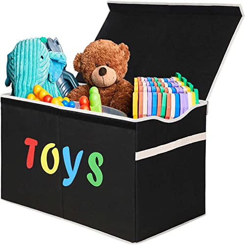 VICTOR'S Large Toy Box Chest with Lid, Collapsible Sturdy Toy Storage Organizer Boxes Bins Baskets for Kids, Boys, Girls, Nursery, Playroom, 26.8"x13.8" x16" (Black)