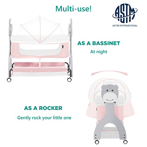 Dream on Me Cub Portable Bassinet in Pink, Multi-Use Baby Bassinet with Locking Wheels, Large Storage Basket, Mattress Pad Included, JPMA Certified