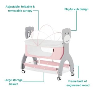 Dream on Me Cub Portable Bassinet in Pink, Multi-Use Baby Bassinet with Locking Wheels, Large Storage Basket, Mattress Pad Included, JPMA Certified