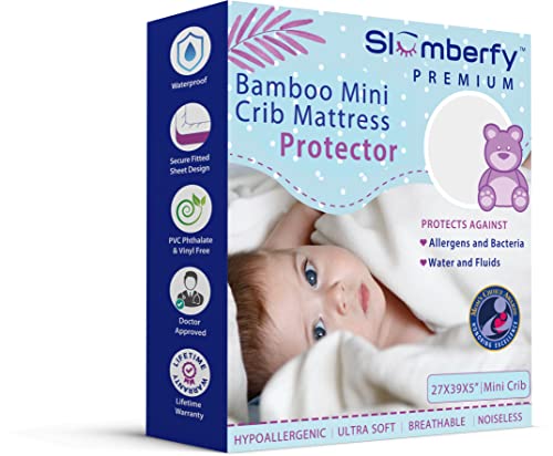 Mini Crib Mattress Protector by Slumberfy, Waterproof and Hypoallergenic Mattress Protector for Babies and Toddlers, Made of Bamboo Material, Mom's Choice Award Winner-27x39 inches