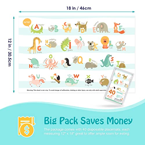 Disposable Placemats for Baby 40 Pack Stick-On Baby Placemat Alphabet ABC Animal Kids Table Mat for Restaurants Dining Table Travel Essentials for Toddlers