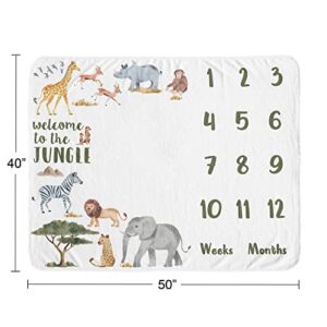 Sweet Jojo Designs Jungle Animals Milestone Blanket Monthly Newborn First Year Growth Mat Baby Shower Memory Hunter Green Yellow Grey Black White Wildlife Safari Elephant Giraffe Lion Monkey Leopard