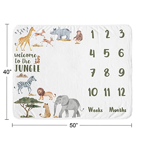 Sweet Jojo Designs Jungle Animals Milestone Blanket Monthly Newborn First Year Growth Mat Baby Shower Memory Hunter Green Yellow Grey Black White Wildlife Safari Elephant Giraffe Lion Monkey Leopard