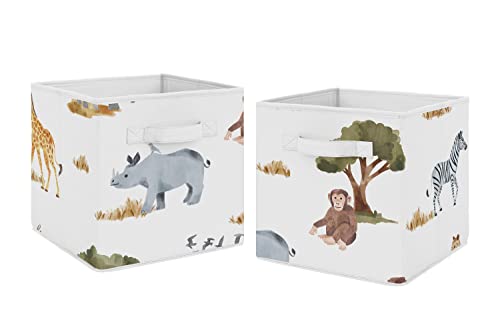 Sweet Jojo Designs Jungle Animals Foldable Fabric Storage Cube Bins Boxes Organizer Toys Kids Baby Set of 2 Dark Hunter Green Yellow Grey Black White Wildlife Safari Elephant Giraffe Monkey Leopard