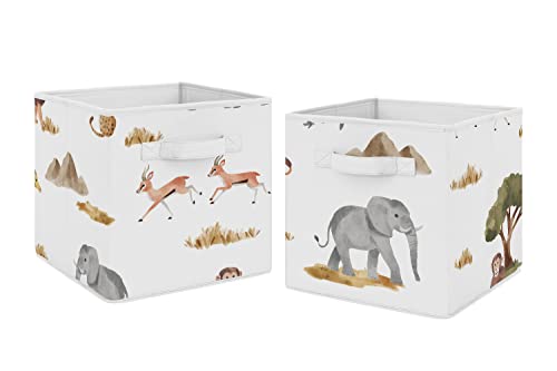 Sweet Jojo Designs Jungle Animals Foldable Fabric Storage Cube Bins Boxes Organizer Toys Kids Baby Set of 2 Dark Hunter Green Yellow Grey Black White Wildlife Safari Elephant Giraffe Monkey Leopard