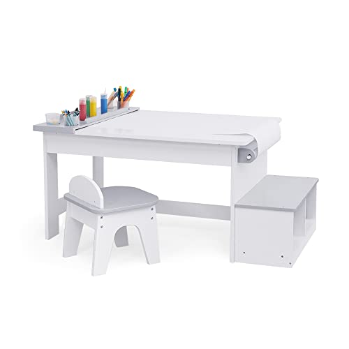 Fantasy Fields Little Monet Art Table with Built-in Paint Tray, Paper Roll Holder, Storage Hooks, Bench with Shelves, & Stool, White/Gray