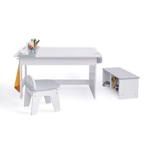 Fantasy Fields Little Monet Art Table with Built-in Paint Tray, Paper Roll Holder, Storage Hooks, Bench with Shelves, & Stool, White/Gray